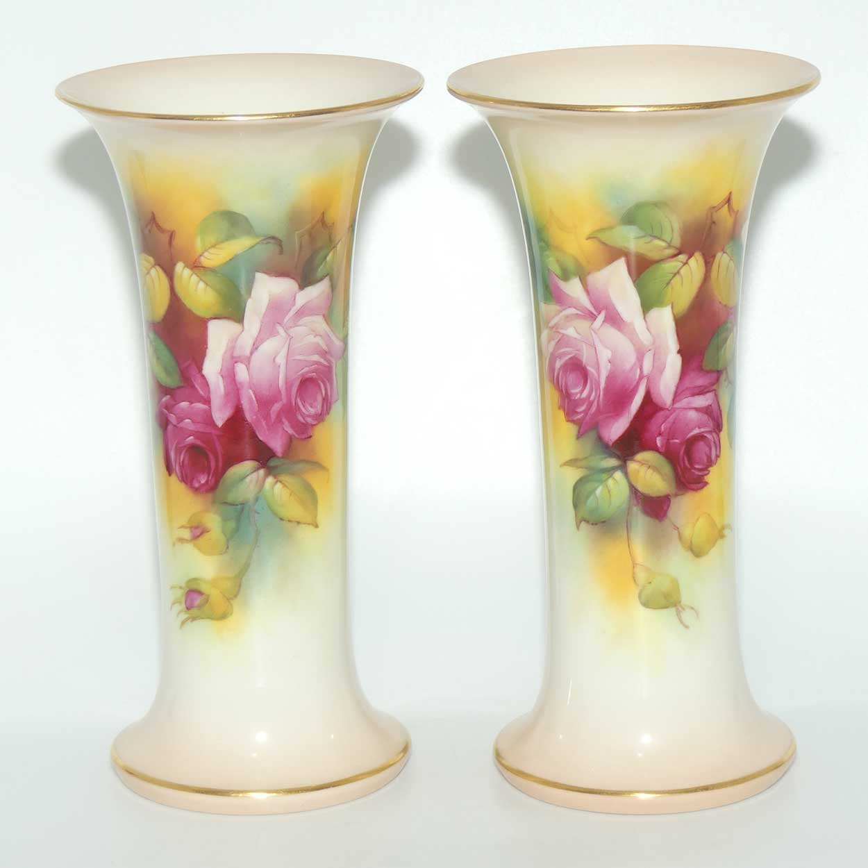 Royal Worcester hand painted Roses trumpet vases (Hunt)